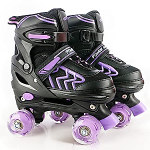 Kids Roller Skates for Girls Ages 6-12, Black&Purple 4 Sizes Adjustable Boys Roller Skates with Light up Wheels Medium Size