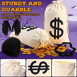 Ramede 32 Pcs Halloween Costume Set, Include Dollar Sign Canvas Bags, Robber Mask, Knit Beanie, Black Robber Gloves for Halloween Outfit Cosplay Bandit Burglar Theme Party Supplies