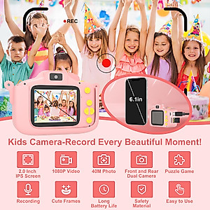SELPONT Toys for Girls Ages 3-8+, Upgrade Kids Selfie 1080P Digital Video Camera for Toddler with Cartoon Silicone Cover, Christmas Birthday Gifts for Girls, Portable Camera with 32GB SD Card-Pink