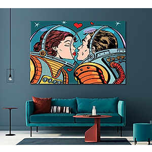 Astronauts Kiss in Space Canvas Print 3 Panels / 36x24 inches