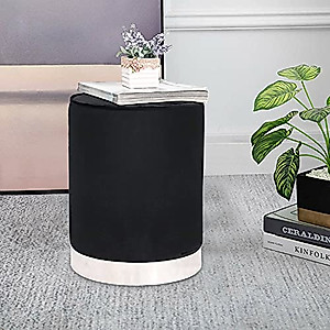 Adeco Round Upholstered Velvet Ottoman with Silver Metal Base, Makeup Vanity Chair Soft Compact Padded Foot Rest Stool for Living Room Bedroom, Black