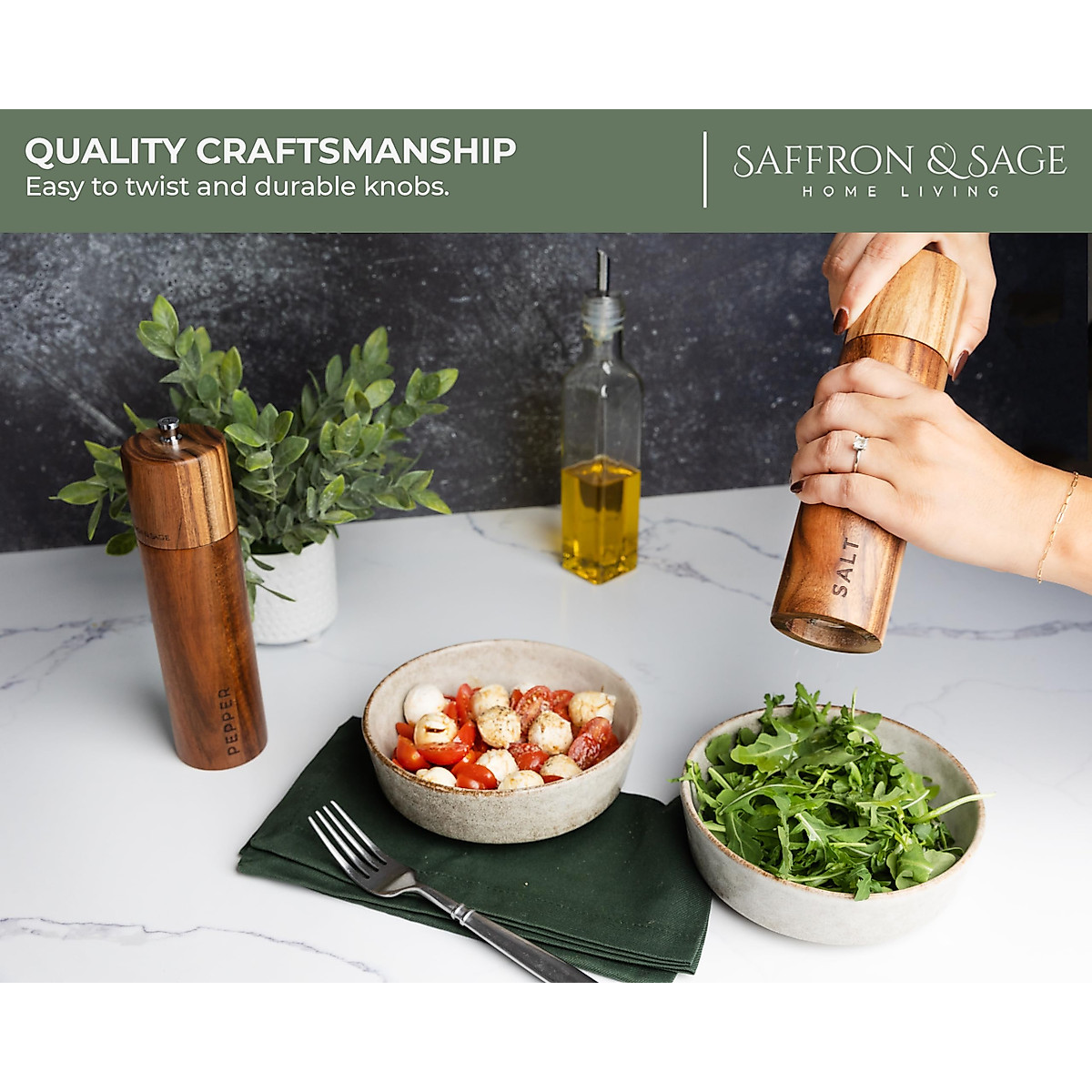 Saffron & Sage Premium Acacia Wood Salt and Pepper Grinder Set of 2-8” Tall Salt and Peppercorn Mill with Adjustable Coarse Settings, Rust Resistant, Smooth and Quality Grinding Mechanism