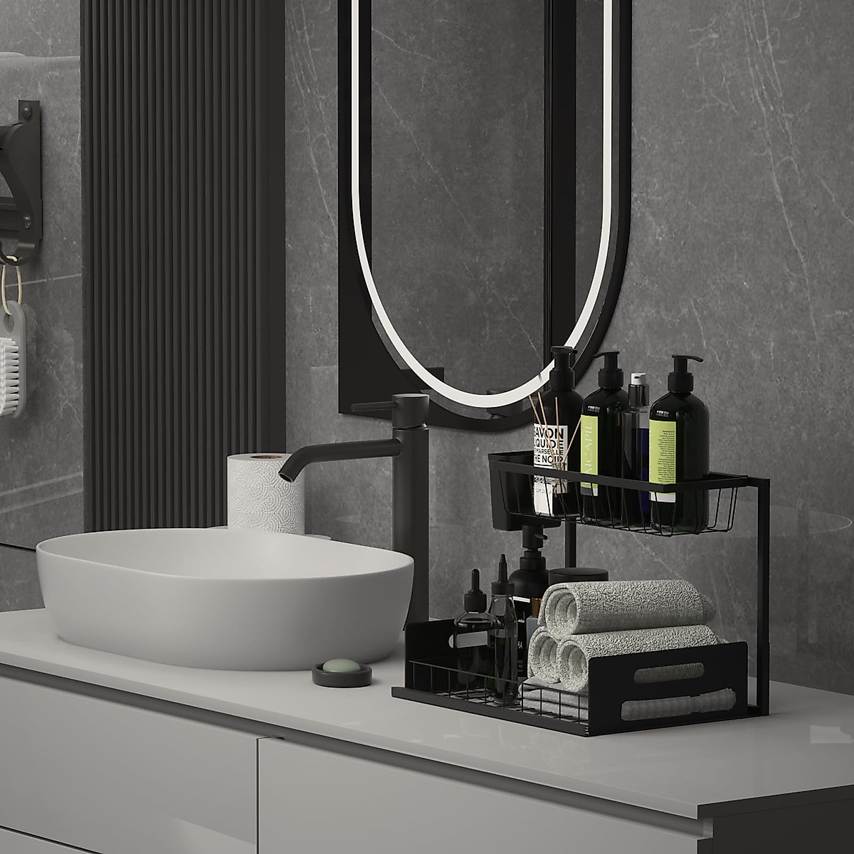 ZHLMIEEX Under Sink Organizer, Pull Out Cabinet Organizer 2-Tier L Shaped Metal Slide Out Sliding Shelf Under Cabinet Storage Multi-Use for Under Kitchen Bathroom Sink Organizers and Storage