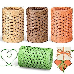 4 Roll Raffia Ribbon 1200 Feet Raffia Paper Ribbon Christmas Thanksgiving Gift for Gift Wrapping, DIY Craft, 300 Feet Each Roll(Green, Orange, Deep Brown, Light Brown)