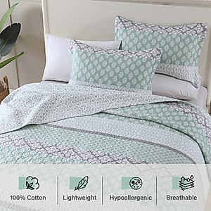 PERHOM Queen Size Quilt Set - 100% Long-Staple Cotton Floral Quilt, Reversible Patchwork Lightweight Comforter Bed Spread for All Season, Green/Gray