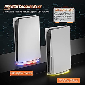 PS5 Cooling Fan Stand with RGB Light for PS5 Digital Disc Edition, 2 Adjustable Speed Cooling Stand Station for Playstation 5 Console PS5 Host Cooler with LED Light Strip Cooling Base PS5 Accessories