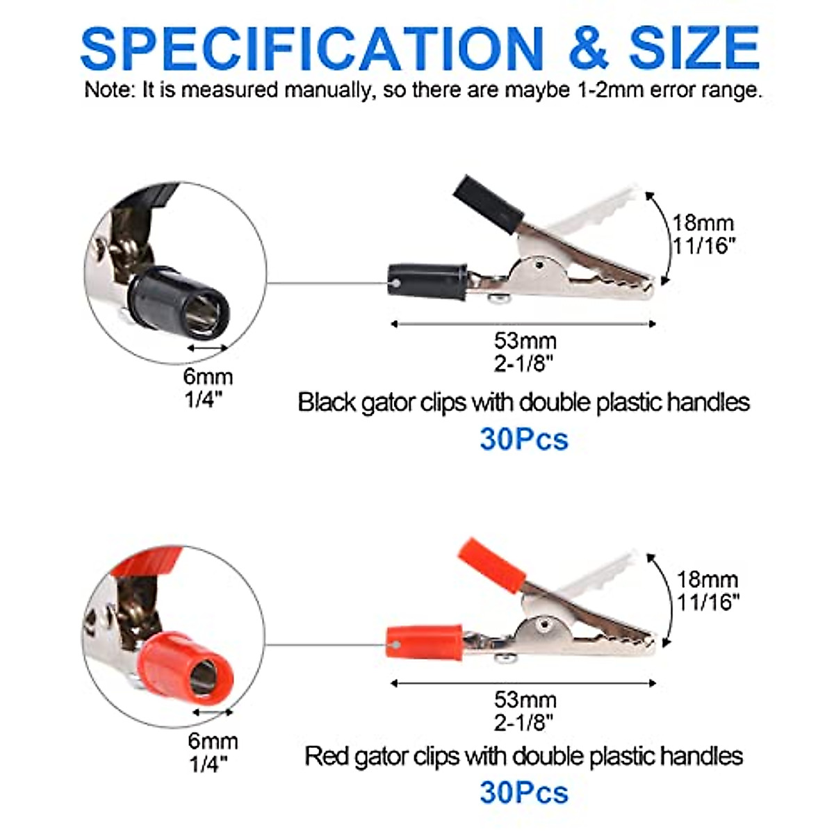 Glarks 60Pcs 53MM Insulated Alligator Clip Clamp Assortment Kit, Red Black Electrical Test Clamps with Plastic Hands for Electrical Testing