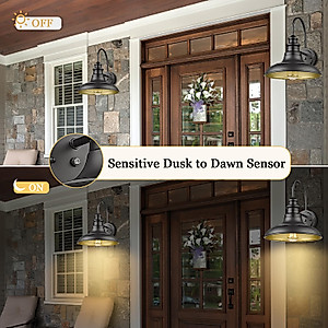 Dusk to Dawn Sensor Outdoor Barn Light Fixture, 12.3 Inch Dome Outdoor Wall Sconce Farmhouse Wall Mount Lights Exterior Gooseneck Light Fixture Black Finish Industrial Wall Lantern for Porch, 2Pack