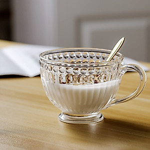 Dicunoy Set of 4 Glass Cappuccino Mugs with Spoons, 14 OZ Jumbo Tea Cups with Handle, Thick Vintage Wide Mouth Large Coffee Mugs for Cocoa, Milk, Water, Cereal, Ice Cream