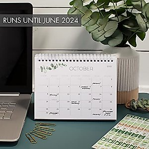Aesthetic Small Desk Calendar 2023 with Stickers - Runs From October 2022 until June 2024 - Beautiful Greenery 6" x 8" Flip Desktop Calendar for Easy and Effective Organizing