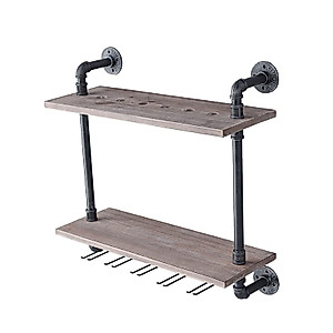 WGX Design For You Industrial Rustic Wall Mounted Wine Racks with Glass Holder Pipe Hanging Wine Rack,2-Tiers Wood Shelf Floating Shelves,Home Room Living Room Kitchen Decor Display Rack (24inch)