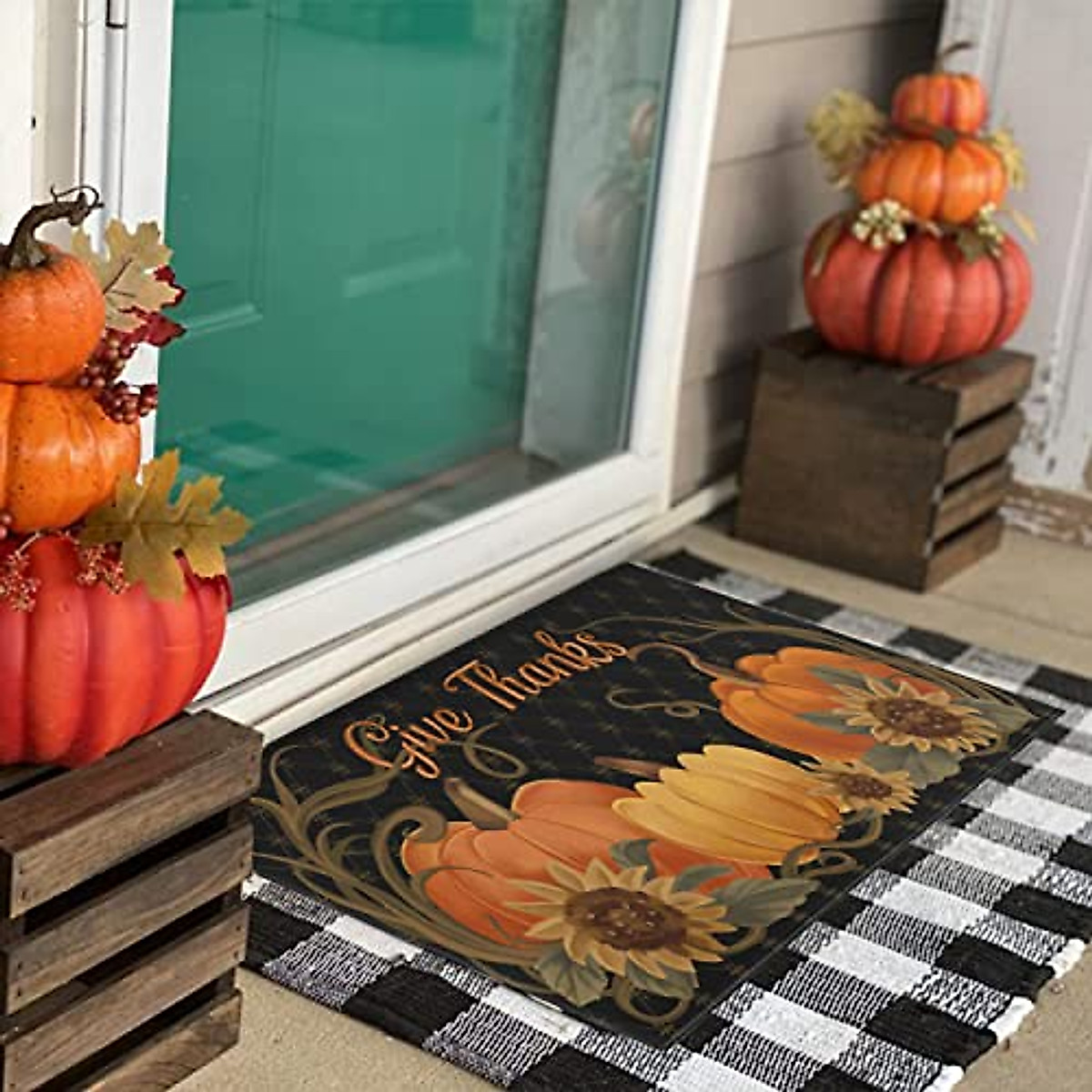 Xiumei Pumpkin Sunflower Welcome Mat Fall Thanksgiving Doormat Give Thanks Outdoor Rug Non Slip Entrance Outdoor Indoor Doormat 30" x 17"