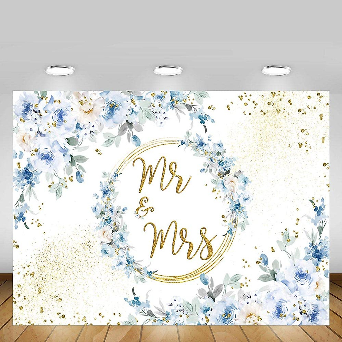 MEHOFOND 7x5ft Blue Floral Backdrop for Mr and Mrs Engagement Party Decorations Couples Wedding Golden Dots Glitter Photography Background Anniversary Ceremony Bridal Shower Banner Photo Booth Props