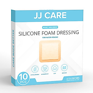 JJ CARE Silicone Foam Dressing 6x6 [Pack of 10], Silicone Bandages for Wounds, Waterproof Wound Dressing with Silicone Adhesive Border, Absorbent Bed Sore Bandages for Wound Care