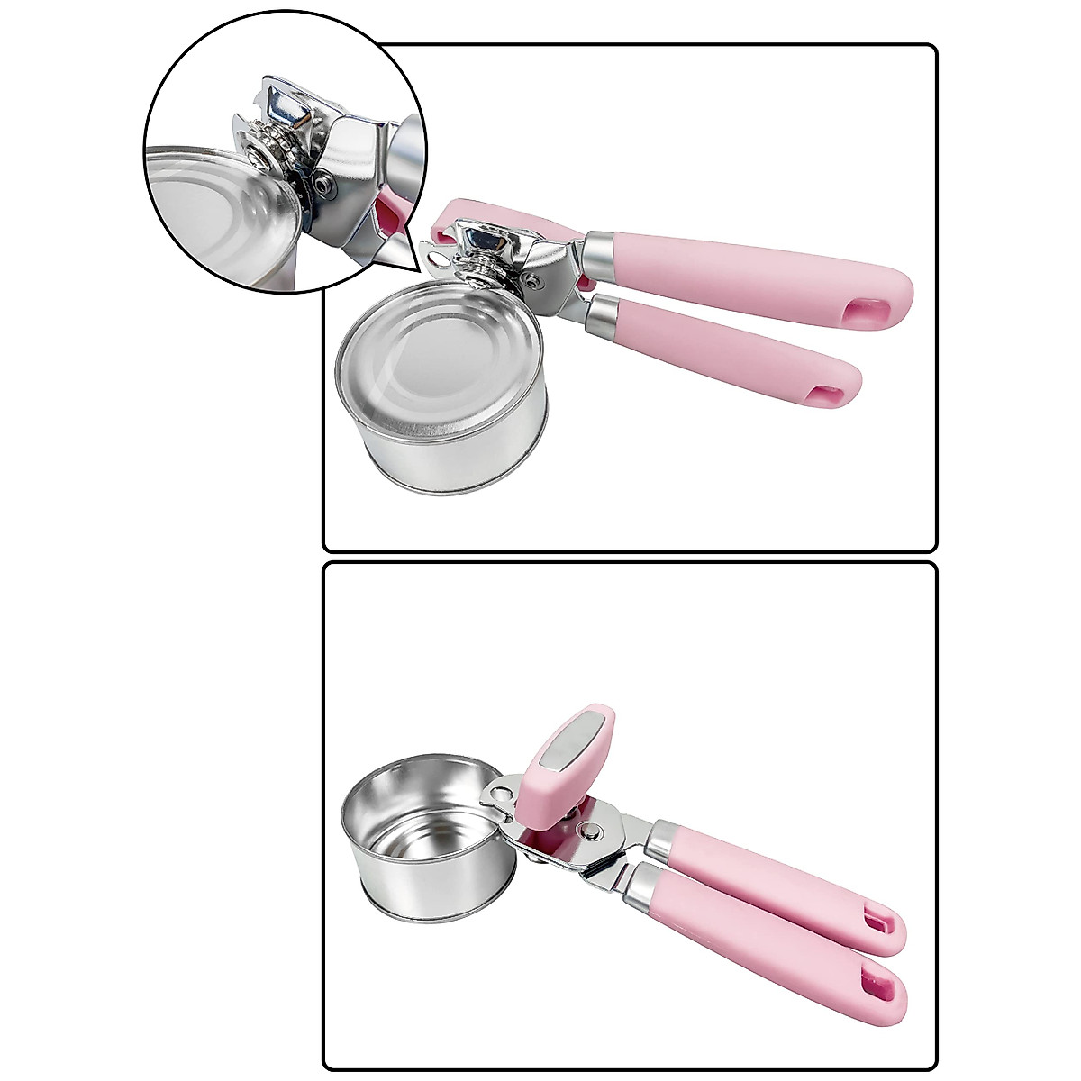 Uyauld Manual Can Opener, Handheld Tin Opener Cork Screw, Easy Turn Knob, Built in Bottle Opener, Hangs for Convenient Kitchen Storage, Easily Open Tin Cans, 2 Silicone Lid Cover for Can, Pink