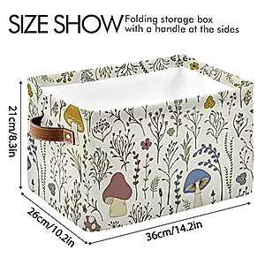 Kigai Mushroom Storage Basket Collapsible Rectangle Storage Bin Shelves Basket Organizer with Leather Handle for Closet, Office, Nursery, Home Decor
