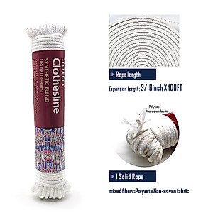 HOUERT Clothesline Rope, 3/16Inch Retracting Outdoors All-Purpose Rope for Laundry Line Dryer with 2 Carabiner Hooks (White, 100ft)