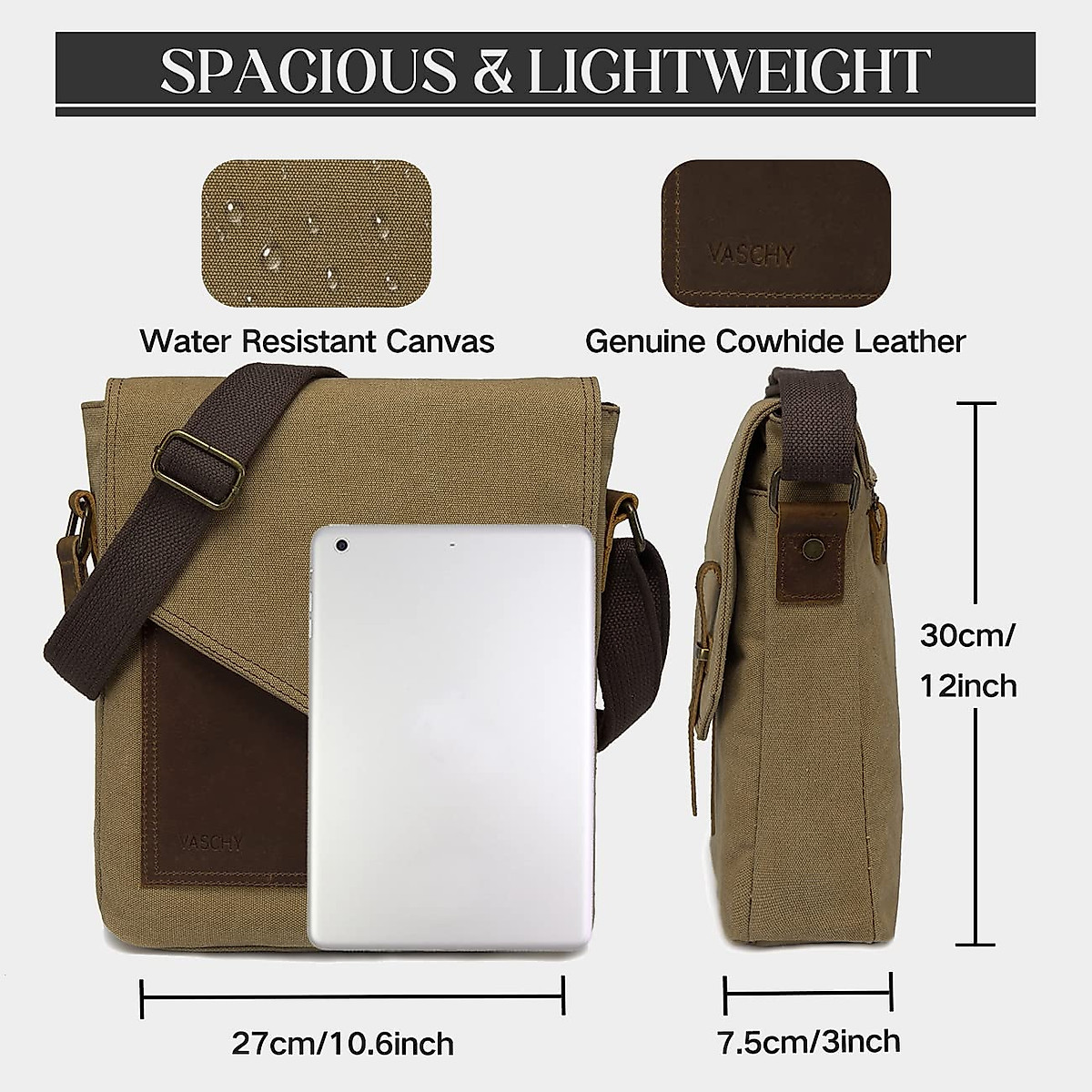 VASCHY Small Messenger Bag, Vintage Canvas Leather Lightweight Crossbody Bag