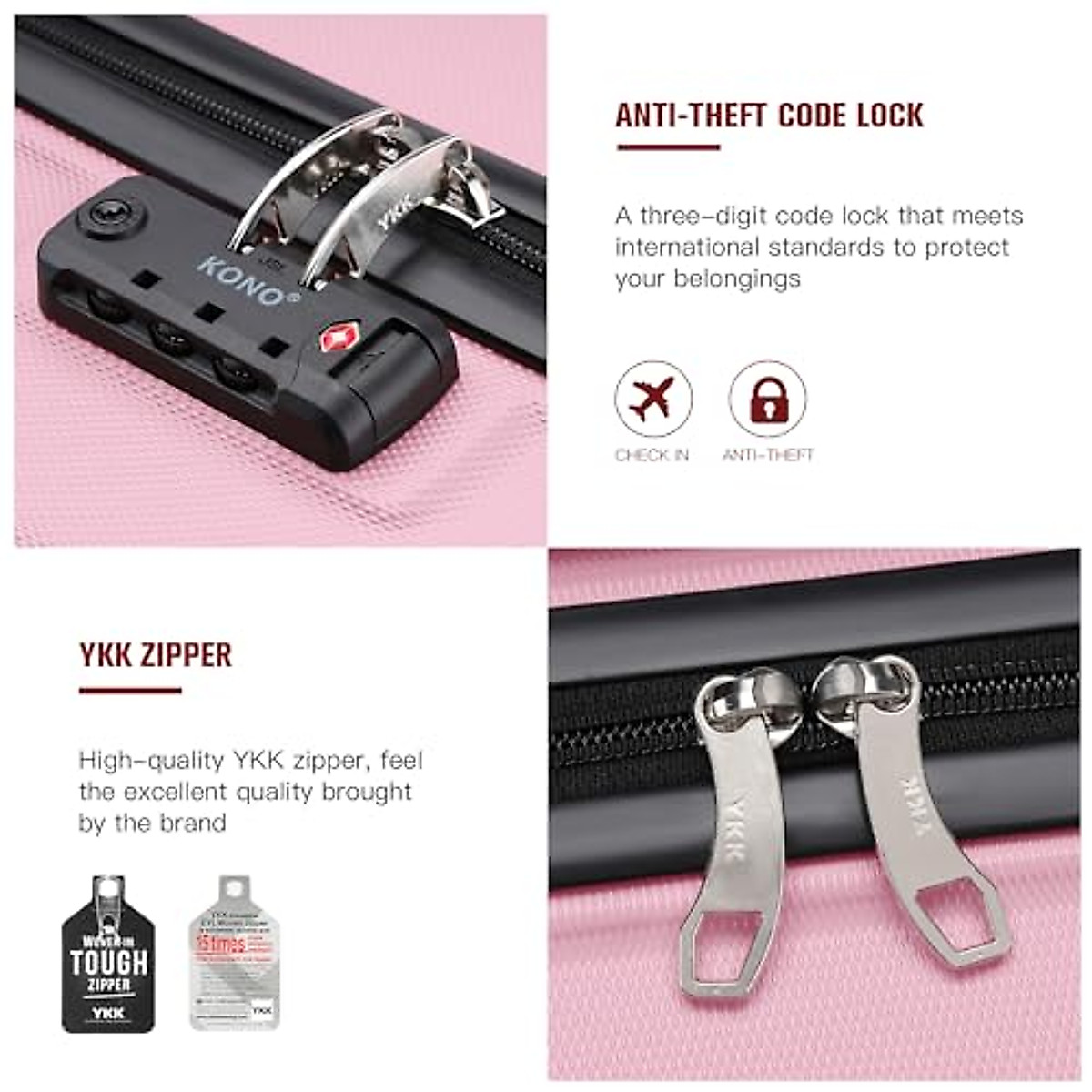 Kono 20'' Carry on Luggage Lightweight with Spinner Wheel TSA Lock Hardside Luggage Airline Approved Carry on Suitcase Pink