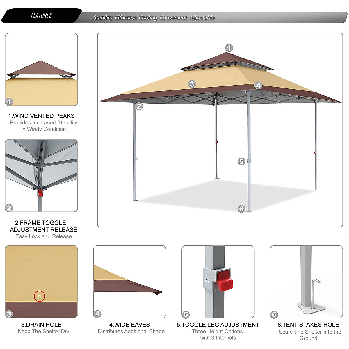 ABCCANOPY Easy Set-up 13x13 Canopy Tent 169 sq.ft Sun Shade Khaki