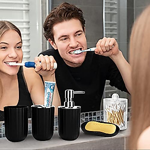 Bathroom Accessories Set 10 Pcs Plastic Matte Black Bathroom Accessories, Simple Style Bathroom Supplies Housewarming Gift with Trash Can, Toothbrush Holder, Soap Dispenser, Toilet Brush