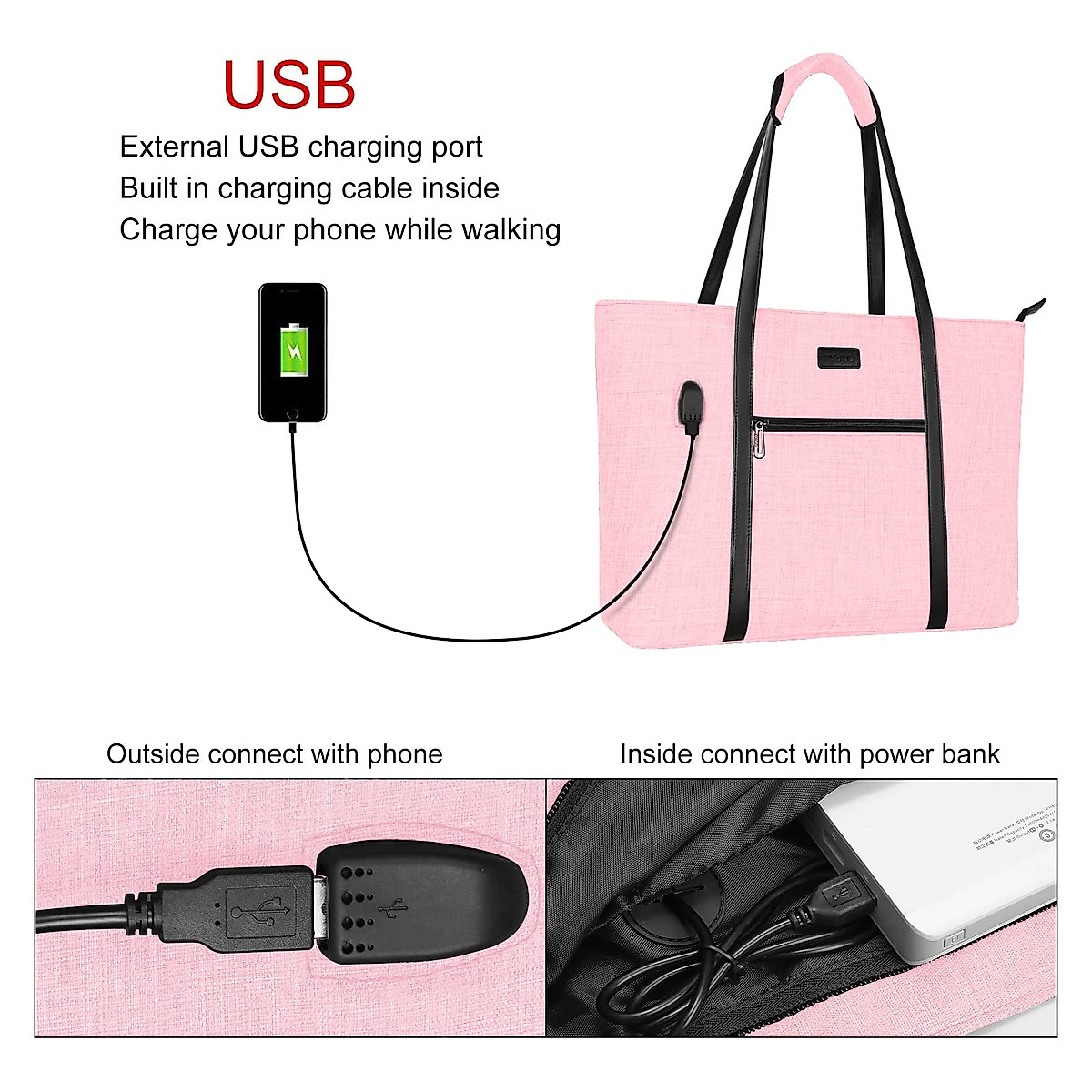 MOSISO USB Port Laptop Tote Bag for Women,Compatible with MacBook, 17-17.3 inch Notebook and Chromebook, Work Travel Business Computer Bag with Small Purse, Pink