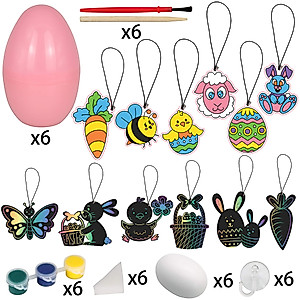 JOYIN 54 Pcs Easter Crafts Assortment Kit with Prefilled Easter Eggs Painting Kit Include Wooden Eggs, Suncatchers and Scratch Cards for Party Favor, Basket Stuffers Fillers