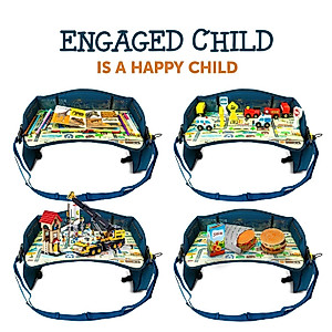 Coolmum Kids Travel Tray, Toddler Car Seat Tray, Double Sided Activity Organizer, Snack Lap Tray, Baby Stroller Tray, Airplane Play Table, Waterproof and Foldable (Premium Blue)