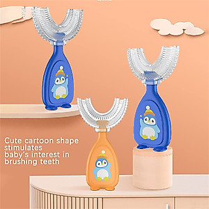 2Pcs Kids U- Shaped Toothbrush Food Grade Soft Silicone Brush Head Manual U-Type Toothbrush 360° Teeth Cleaning Brush Oral Training Toothbrush for Kids Ages 2-6 (Blue, Penguin)