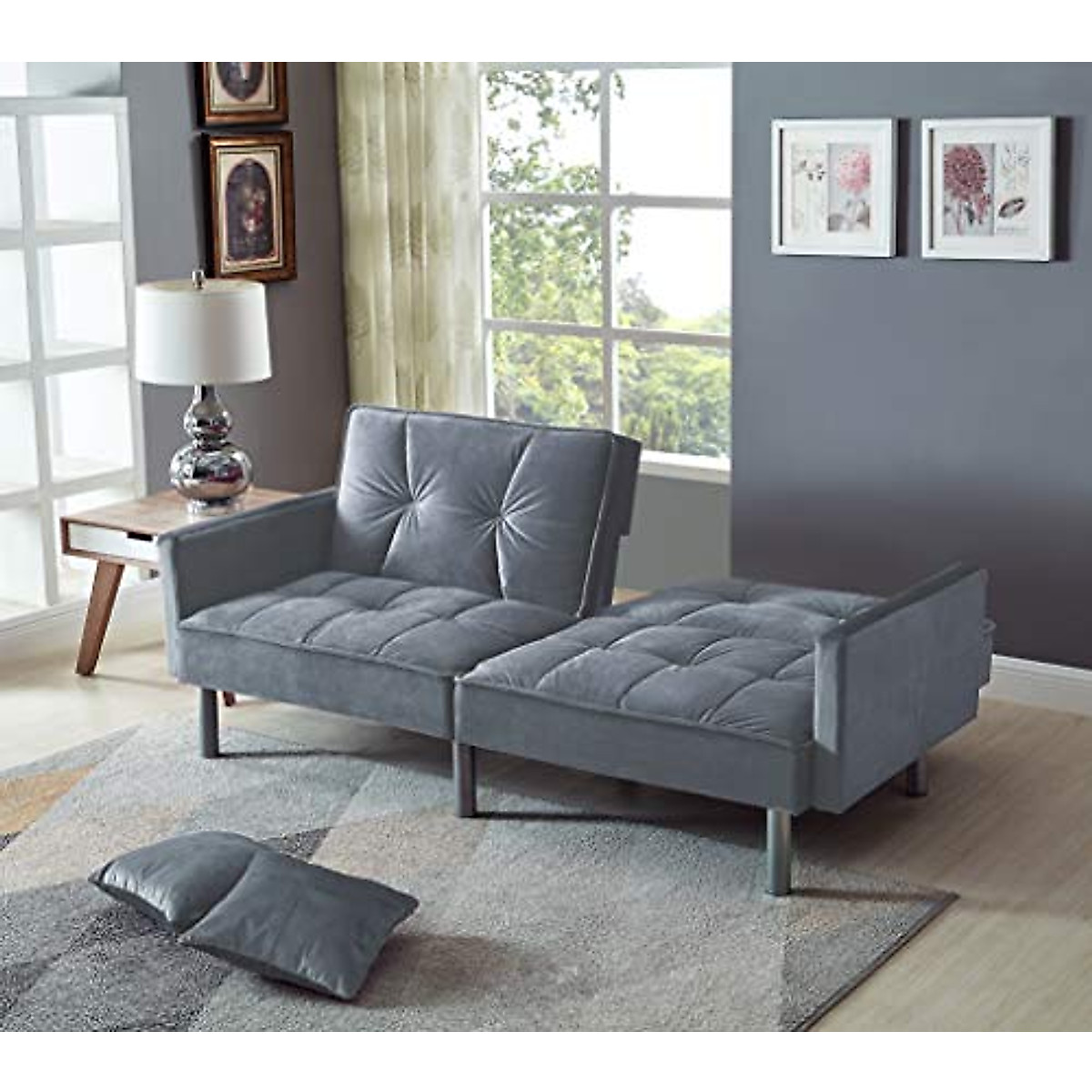 Legend Furniture Velvet Sofa Bed Sleeper with Pillow Sofabed, Grey