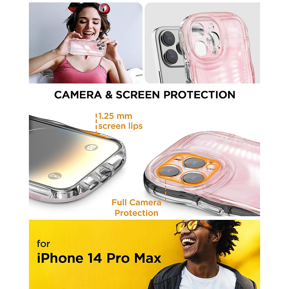 AICase iPhone 14 Pro Max Case Curly Wave Frame Cute Design with Full Camera Lens Protection,Aesthetic Kawaii Slim TPU Bumper Luxury Plated Shockproof Protective Transparent for Women Girls Men_3