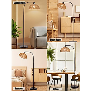 Brilvibera Modern Black Dimmable Floor Lamp with Remote Control, Hand-Worked Rattan Shades, Bohemian Style for Living Room, Bedroom, Office