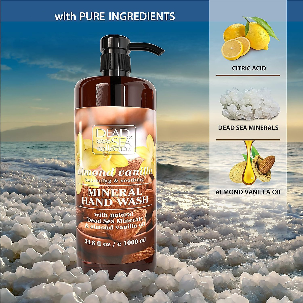Dead Sea Collection Hand Soap Pump Almond Vanilla - Moisturizing Hand Wash Liquid with Dead Sea Minerals - Almond Vanilla Oils, Balancing & Soothing Pack of 2 (33.8 Fl Oz Each) - 67.6 Fl Oz Total