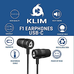 KLIM F1 USB C Earphones + New Version + Excellent Audio Quality + Durable USB C Headphones with Microphone + 5-Year Warranty + Wired USB C Earbuds Compatible Huawei Sony Samsung Headphones Type C