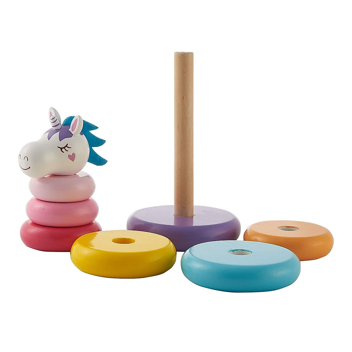 RUYU Classic Unicorn Wooden Rainbow Stacking Rings - 7 Inches Tall Solid Wood Educational Baby Toy for Toddler Boys and Girls Age 18 Months and Up (8 Natural Solid Wood Pieces)