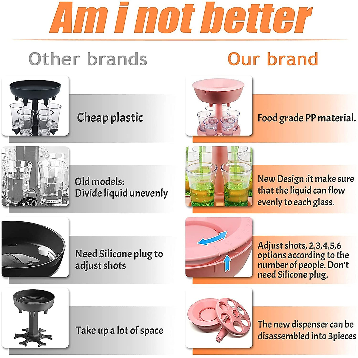 6 Shot Pourer Glass Dispenser and Holder,Shot Dispenser with 6 Colored Acrylic 2 Oz Cups Glasses, Multiple Buffalito Six Drink Shot Dispenser for Party, Multi Pouring Shot Dispenser Glasses,Grey