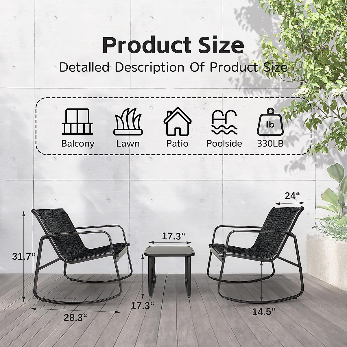 Incbruce Patio 3 Pieces Rocking Bistro Set, Textilene Outdoor Furniture Set with 2PCS Rocking Chair & Glass Coffee Table, Classic Black