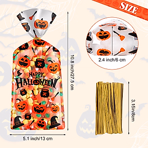 100 Pcs Halloween Treat Bags - Happy Halloween Goodie Bag, Plastic Halloween Pumpkin Cellophane Bags Bulk, Clear Gift Goody Candy Bags with Twist Ties for Halloween Party Supplies Favors Decorations