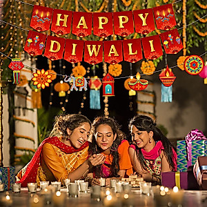 Happy Diwali Bunting Banner, Diwali Garland Decorations for Indian Festival of Lights Deepavali Themed Party Supplies