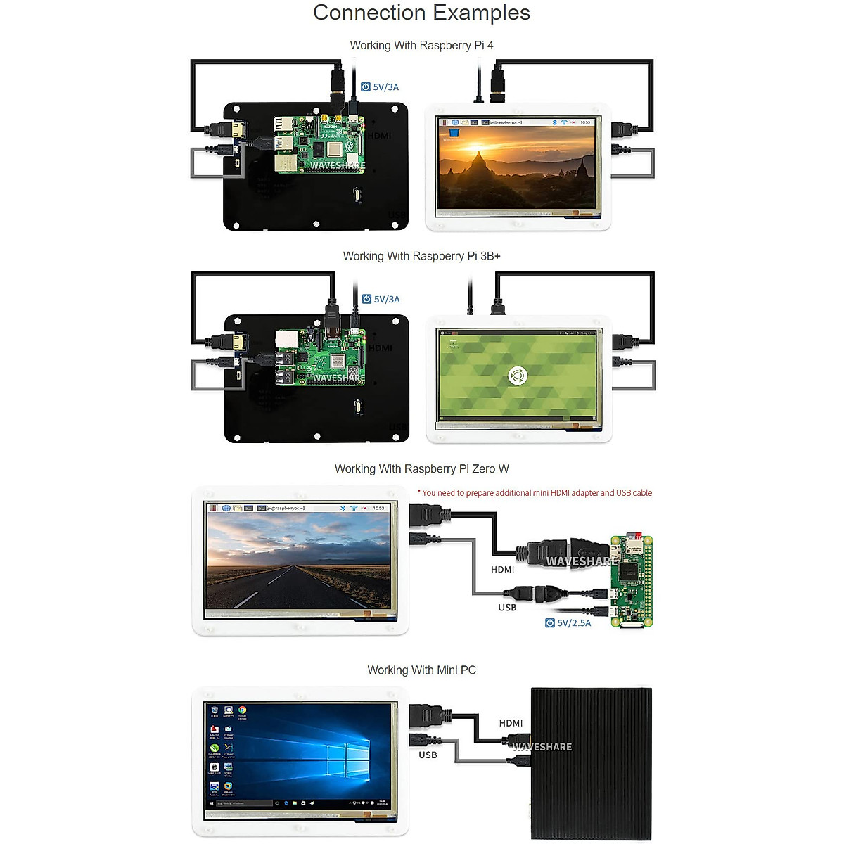 Waveshare 7inch Capacitive Touch Screen LCD with Bicolor Case Compatible with Raspberry Pi 4B/3B+/3A+/2B/B+/A+/Zero/Zero W/WH/Zero 2W CM3+/4 800×480 Resolution HDMI Supports Windows