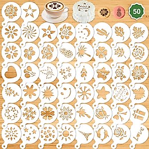 Konsait 50Pack Cake Stencil Templates Decoration, Reusable Cake Cookies Baking Painting Journal Mold Tools, Dessert, Coffee Decorating Molds Cappuccino Mousse Hot Chocolate for DIY Craft Decor