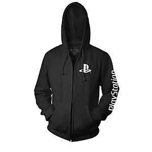 Ripple Junction Sony PlayStation Men's Full Zip Hooded Sweatshirt Iconic PS Logo & Sleeve Graphic Gamer Hoodie Black L