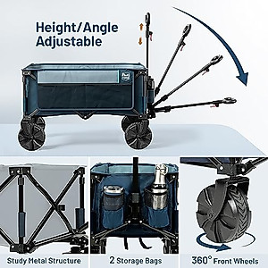 TIMBER RIDGE Outdoor Collapsible Wagon Utility Folding Cart Heavy Duty All Terrain Wheels for Shopping Camping Garden with Side Bag and Cup Holders, Navy