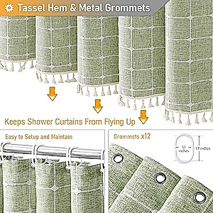 BTTN Boho Farmhouse Shower Curtain, Linen Rustic Heavy Duty Fabric Shower Curtain Set with Tassel, Water Repellent, Bohemian Vintage Country Thick Cloth Shower Curtains for Bathroom, Sage Green, 72x72