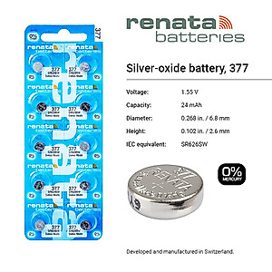 Renata 377 SR626SW Batteries - 1.55V Silver Oxide 377 Watch Battery (2 Count)