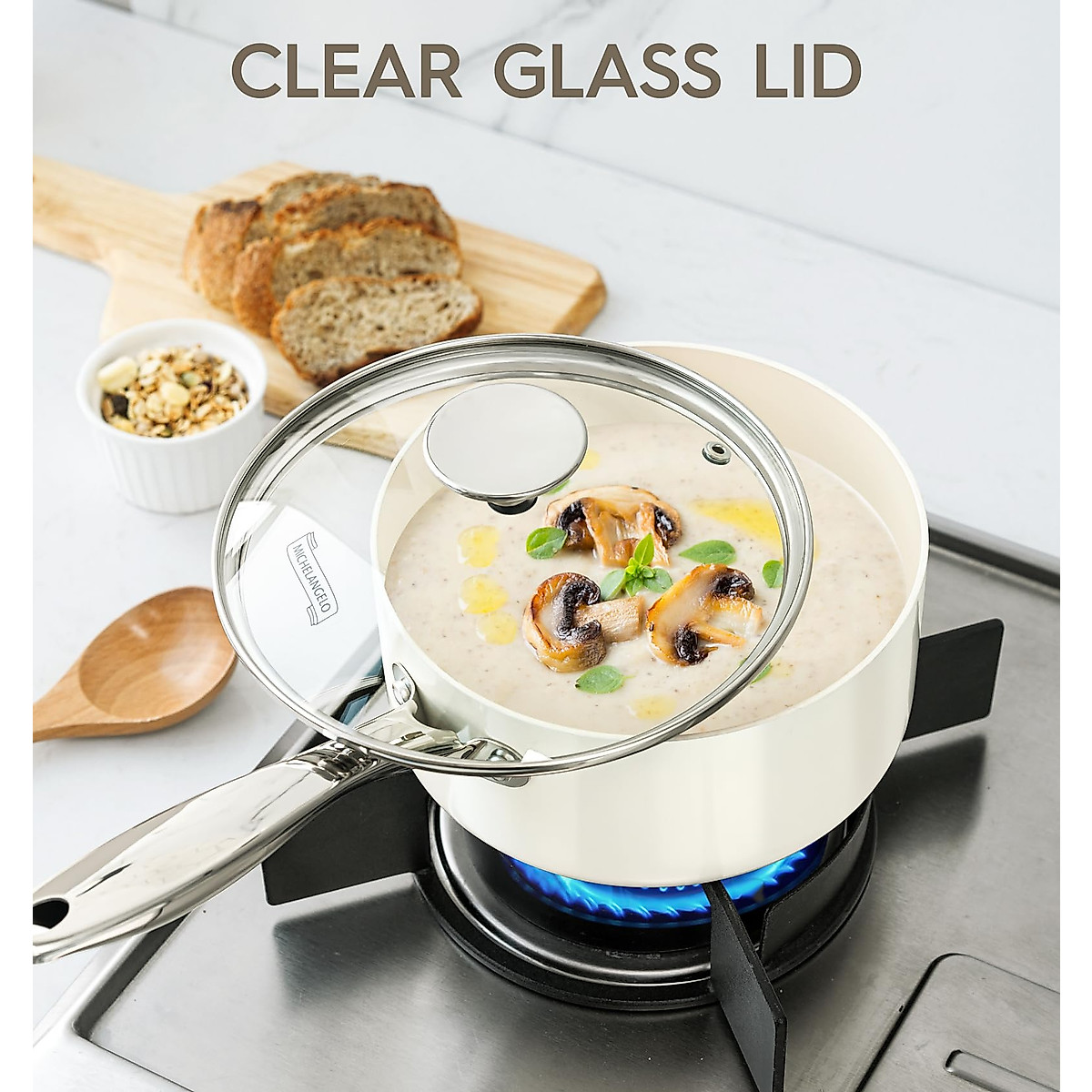 MICHELANGELO Sauce Pan Sets - Ceramic Sauce Pan with Lid, Nonstick Saucepan Set, 1Qt & 2Qt & 3 Qt Small Pots for Cooking, Non-Toxic Sauce Pot, White