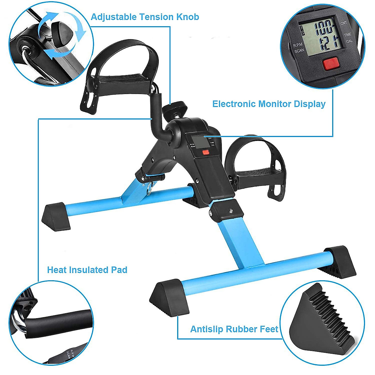 Under Desk Bike Pedal Exerciser with LCD Monitor Resistance and Resistance for Seniors, Stationary Foldable Mini Exercise Bike Pedals Peddler Exerciser for Arms and Legs for Office or Home (Blue)