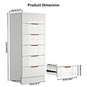 GipGiper Dresser for Bedroom with 6 Drawers, Tall White Dresser for Closet, Living Room, Nursery, Modern Storage Cabinet with Full High Glossy Panel, 13.7''D x 18.5''W x 43.3''H (Glacier White)