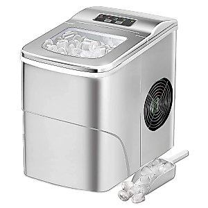 SMETA Bullet Pebble Ice Maker Machine Countertop, Chewable Nugget Ice Chip Maker Crushed Ice Machine Soft Chewy Ice Cubes Quick in 6-10mins, 26lbs/24H with Ice Scoop for Gift, Stainless Steel Silver