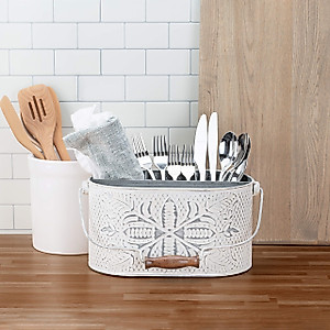 Craftsman Road Distressed White Metal Caddy – Farmhouse Galvanized Kitchen Organizer with Handle – Vintage Rustic Multi-Compartment Holder for Napkins, Plates, Cutlery, Flatware, Cleaning Supplies